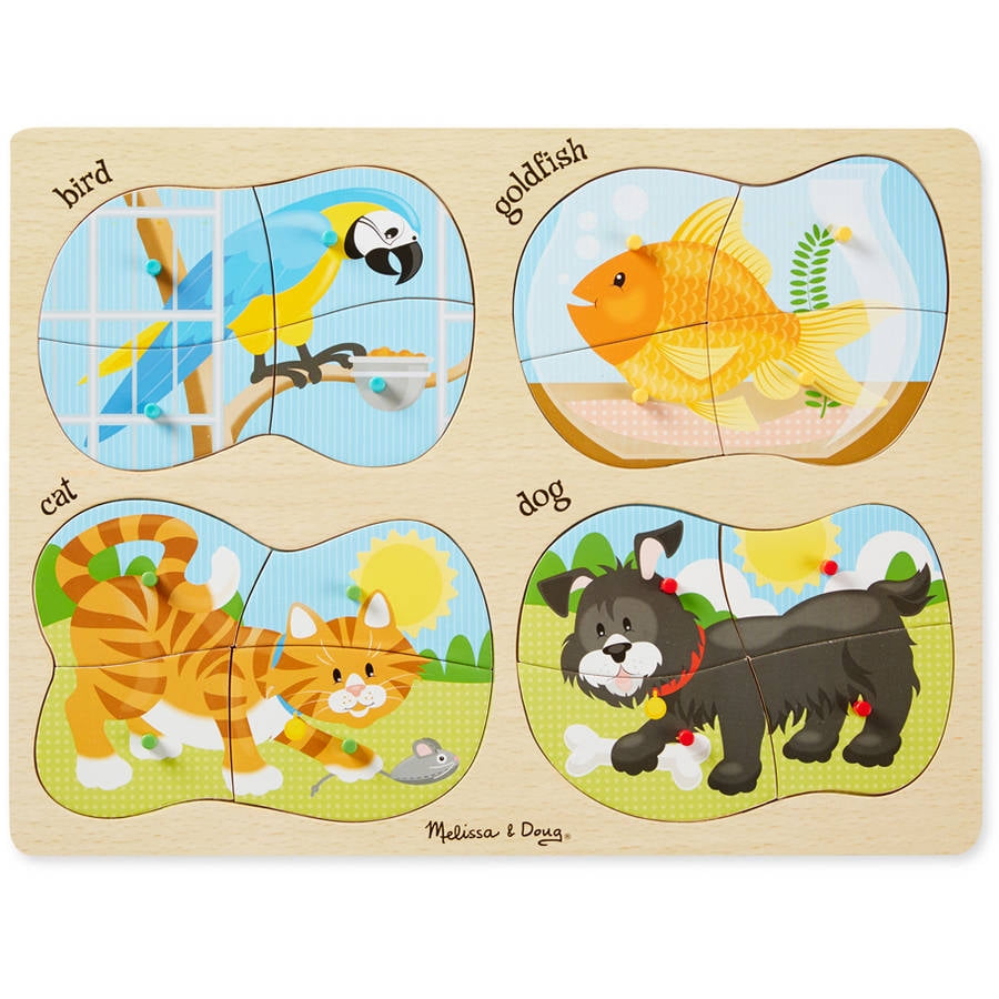 Melissa & Doug Pets 4-in-1 Wooden Peg Puzzle - Bird, Goldfish, Cat, and ...