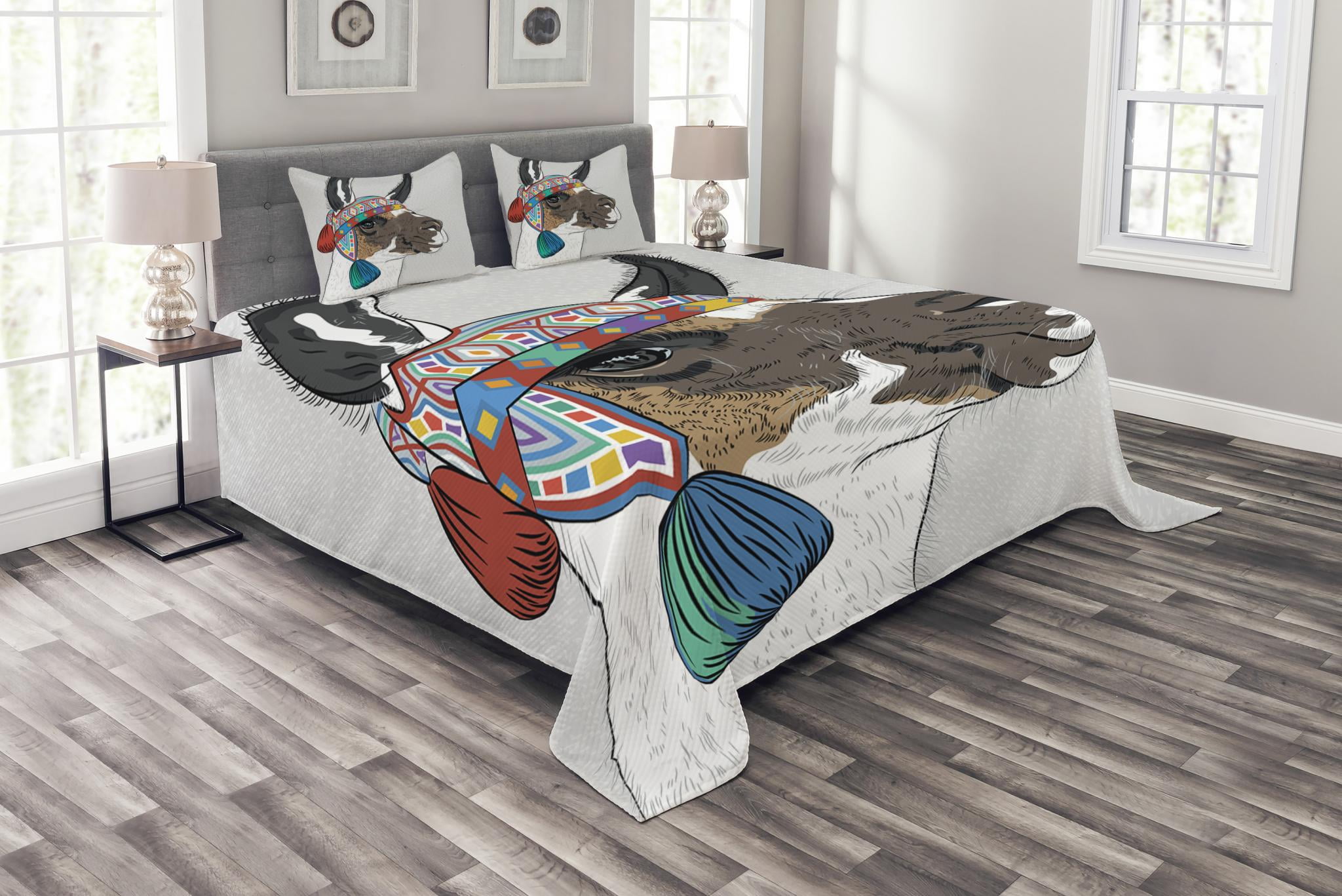 Llama Bedspread Set King Size, Alpaca with an Ethnic Colorful Hat ...