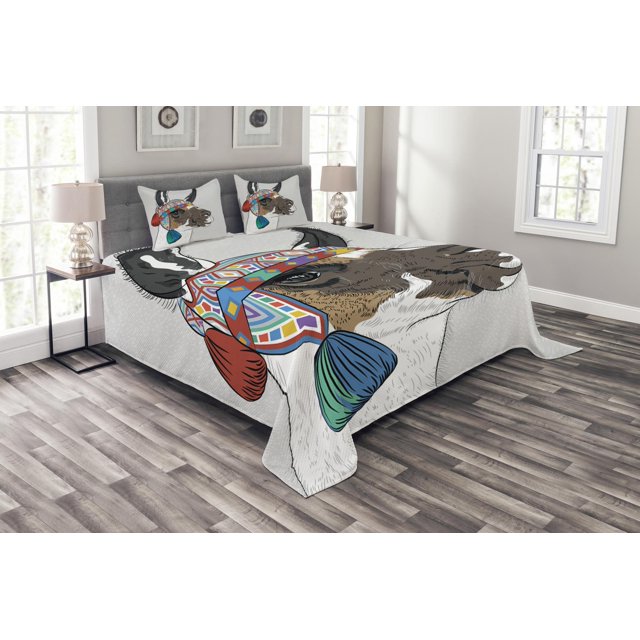 Llama Bedspread Set King Size, Alpaca with an Ethnic Colorful Hat ...
