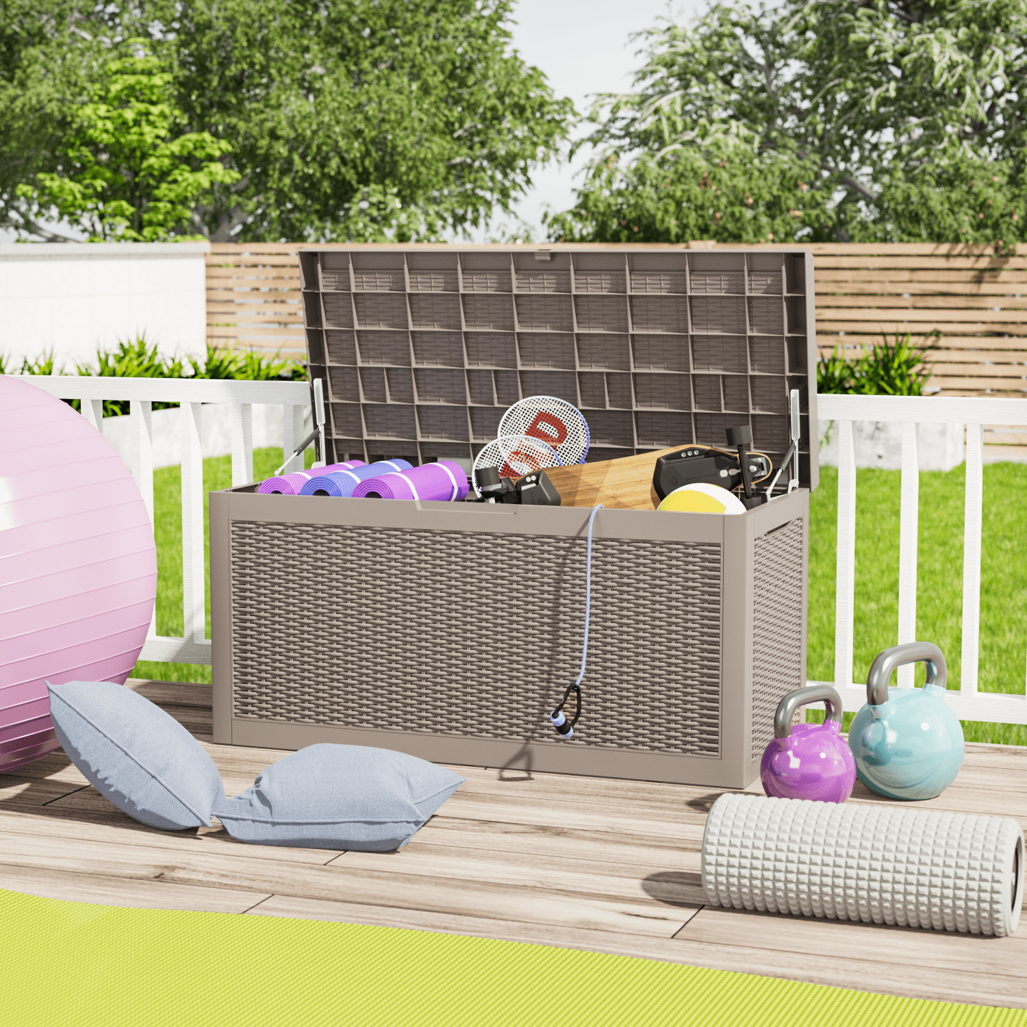 Devoko 100 Gallon Outdoor Storage Deck Box with Seat Cushion, Light ...