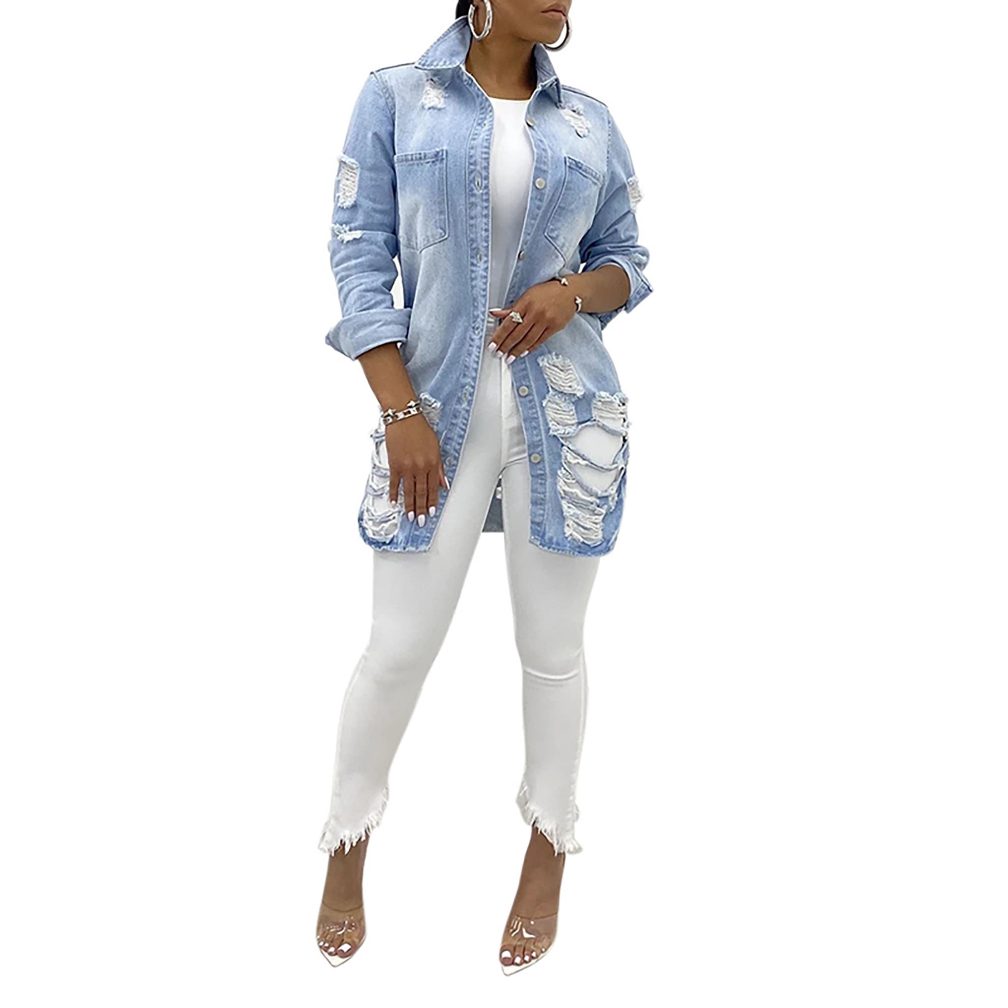 Click here for Luxur Women Distressed Denim Trucker Jackets Hole... prices