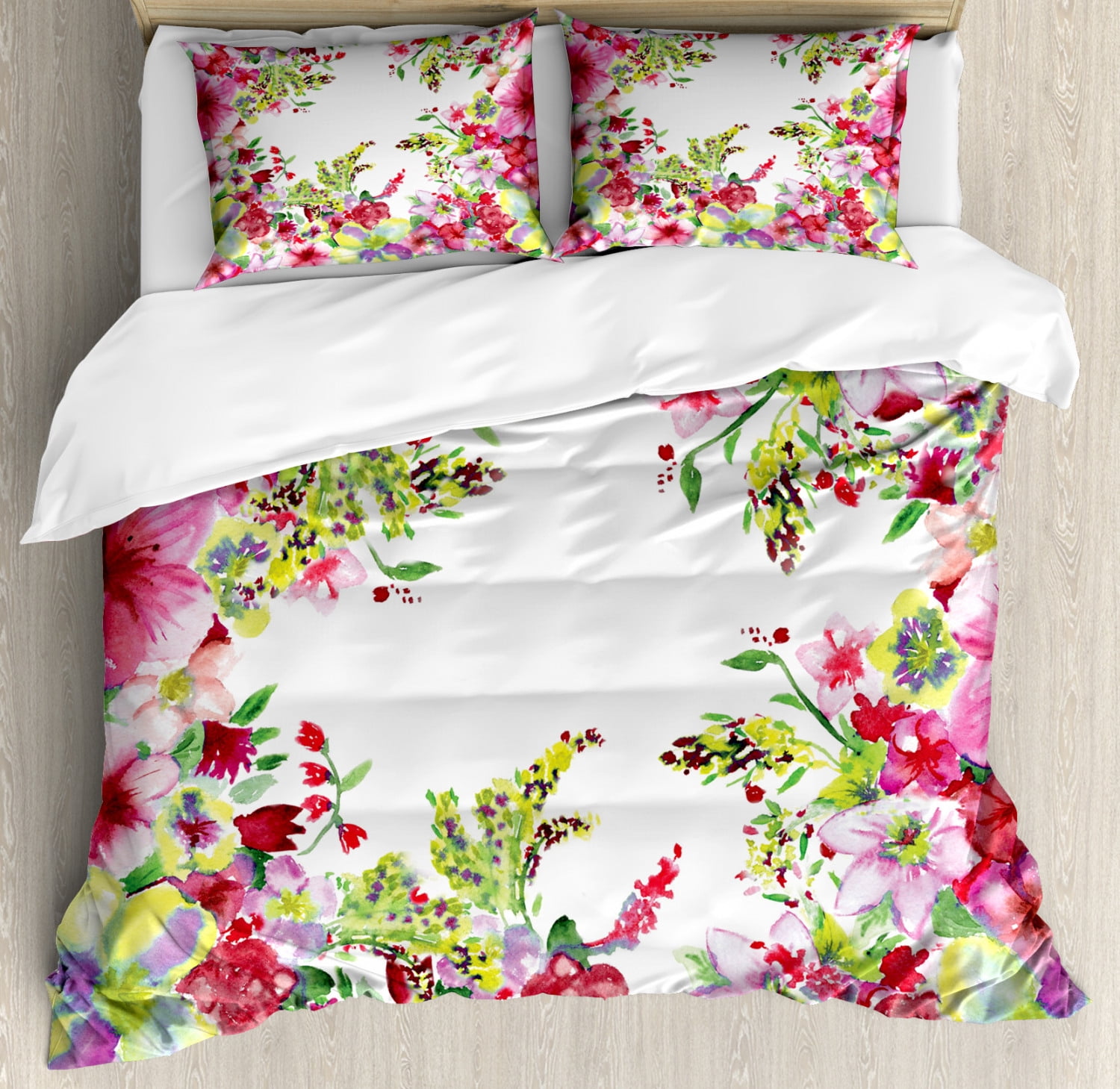 Watercolor Flower Duvet Cover Set, Fresh Curly Willow and Dahlia Floral ...