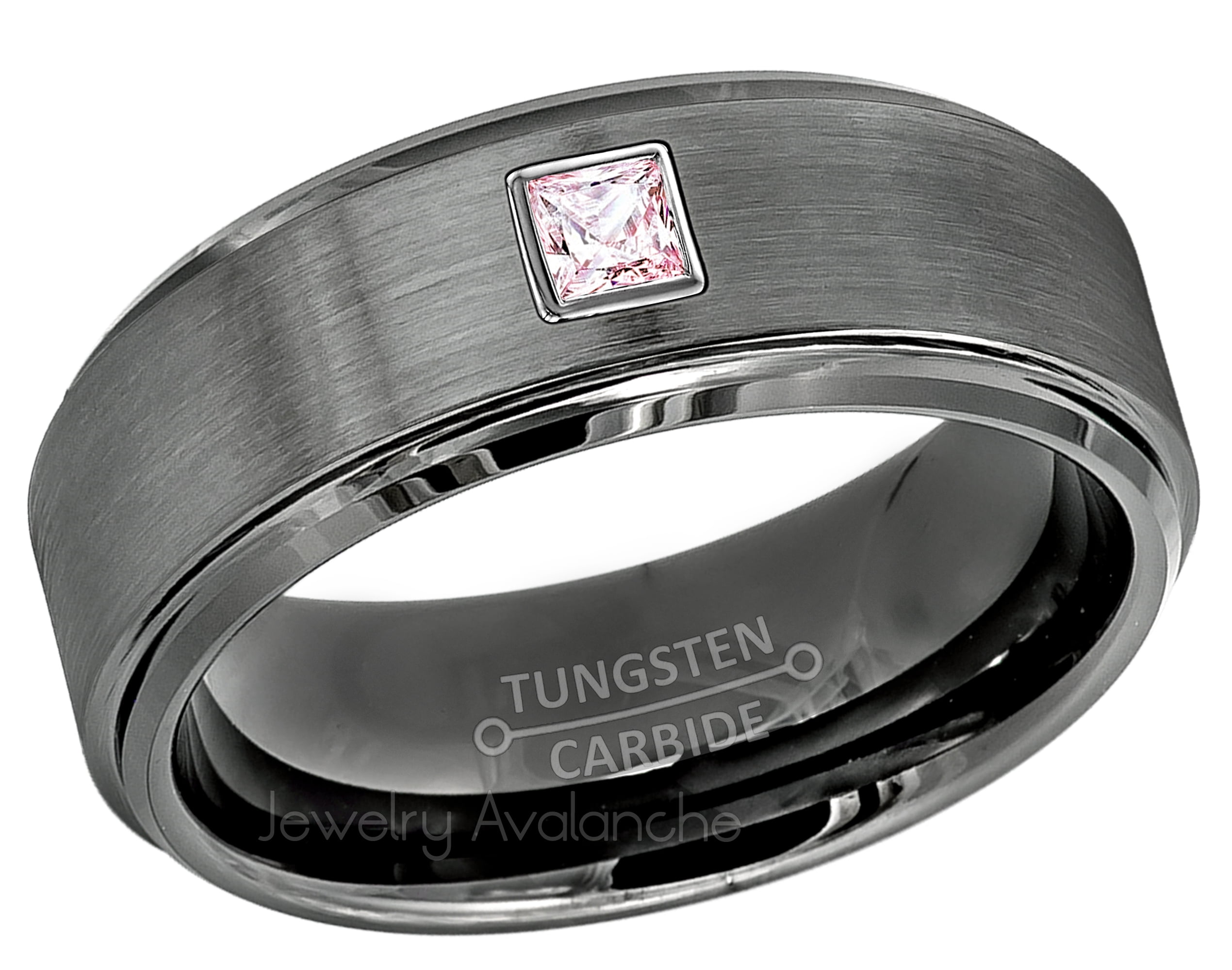Brushed Gunmetal Tungsten Ring - 0.10ct Princess Cut Solitaire Pink ...