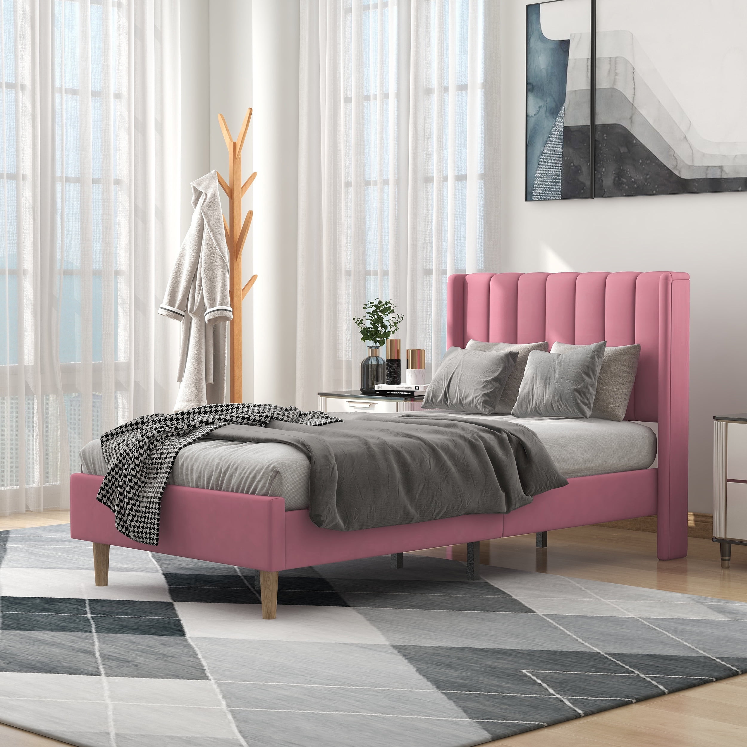 alazyhome Twin Size Upholstered Platform Bed Frame, Easy Assemble, Pink ...