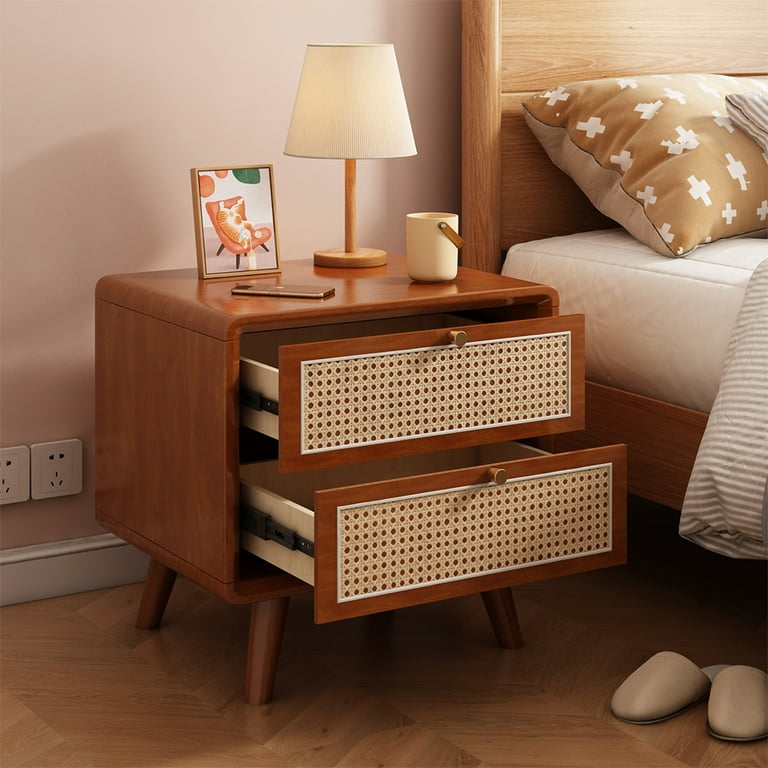 KISPATTI Rattan Nightstand Small End Table Side Table with Solid Wood Legs Boho Bedside Table Wood Accent Table with Storage for Small Space Livingroom Bedroom Cherry Walmart