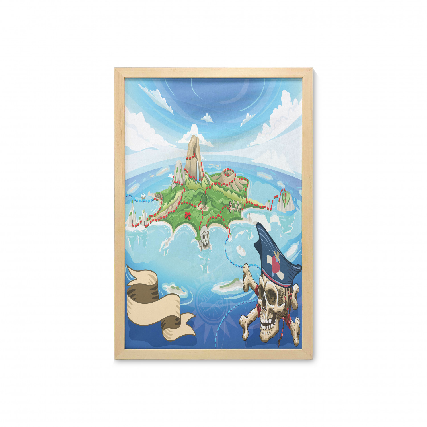 Island Map Wall Art with Frame, Aerial View Fantasy Pirate Cove Island ...
