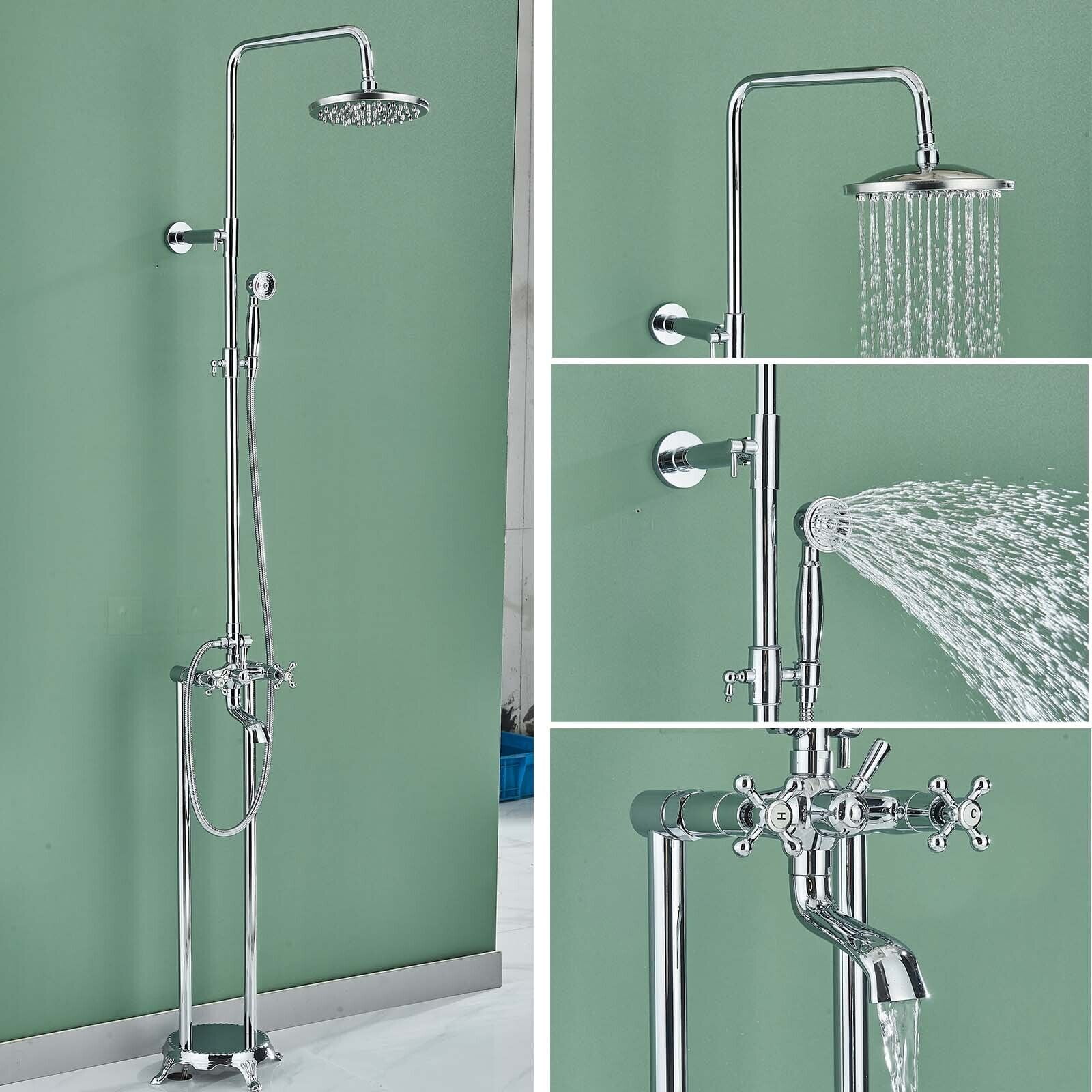 Bathroom Floor Mount Bathtub Shower Set Chrome Tub Filler Faucet w ...