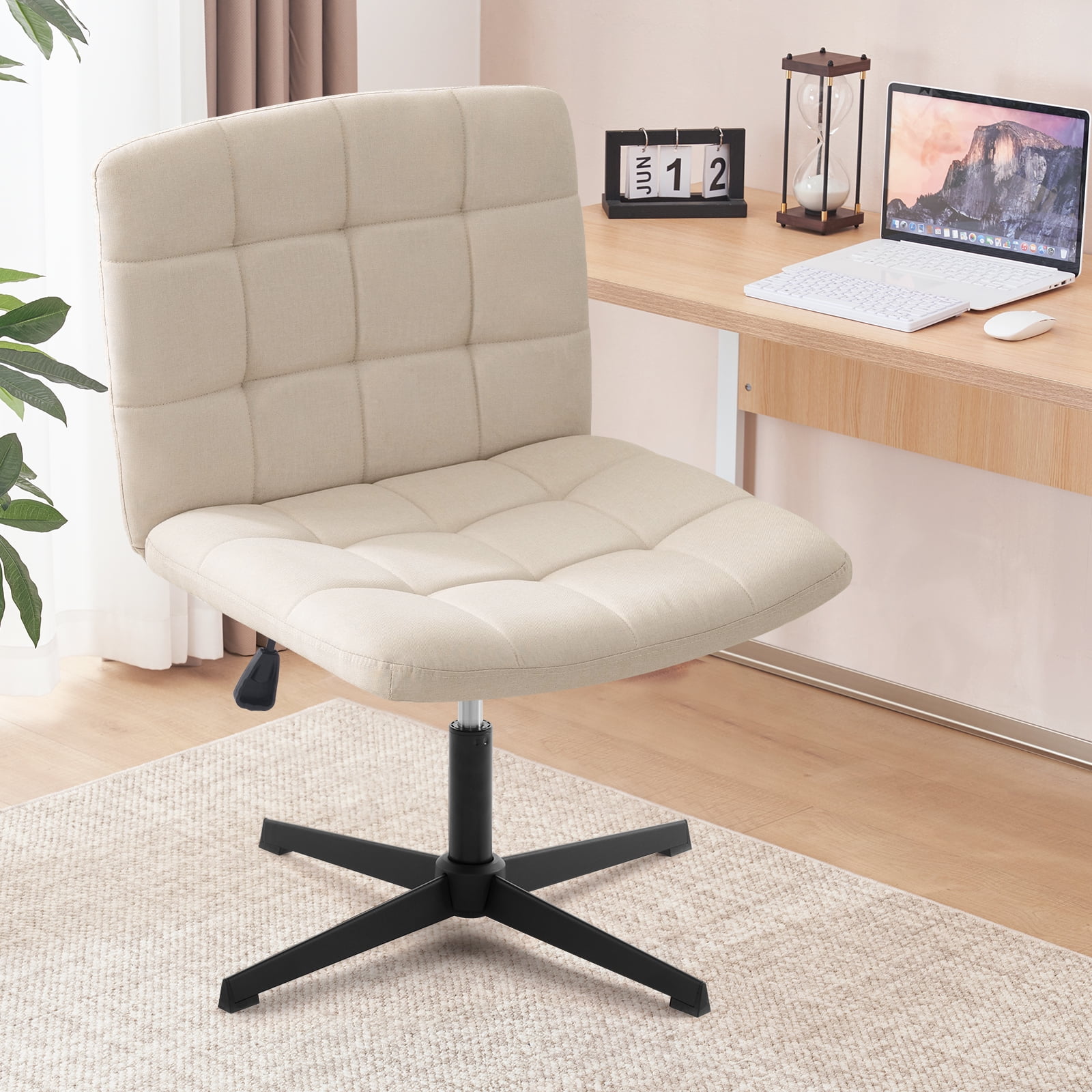 Furniliving Armless Office Desk Chair No Wheels Cross Legged Office Chair Ergonomic Task Chair Beige