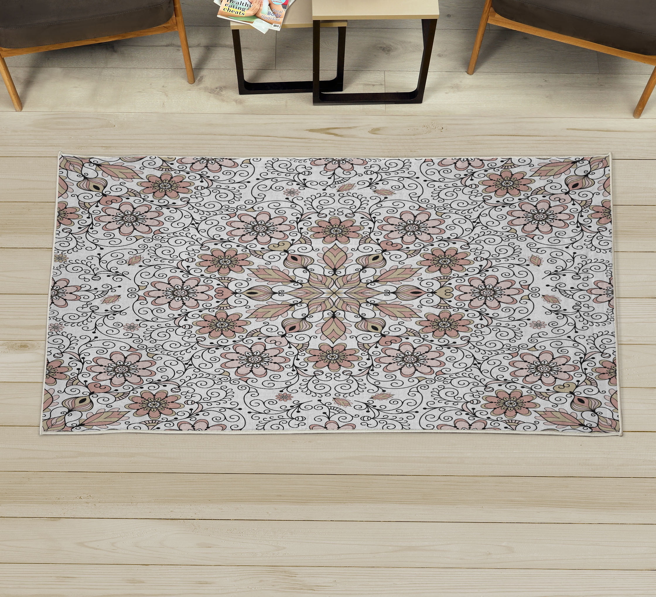 Ethnic Decorative Rug, Vintage Abstract Flower Swirls Leaves Doily ...