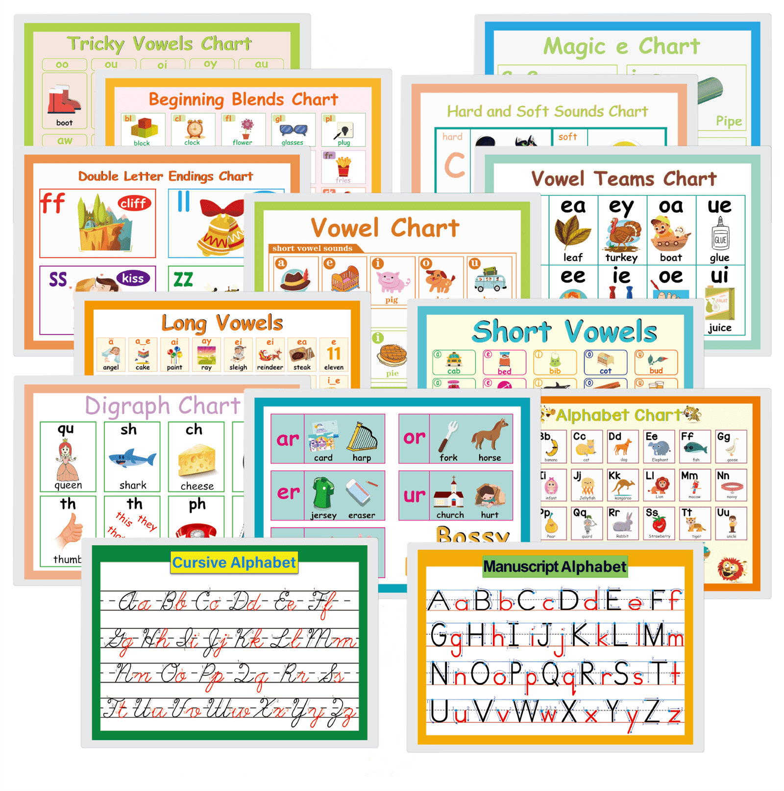 14Pcs A4 Language Arts English Poster |Alphabet Vowels Phonics Posters ...