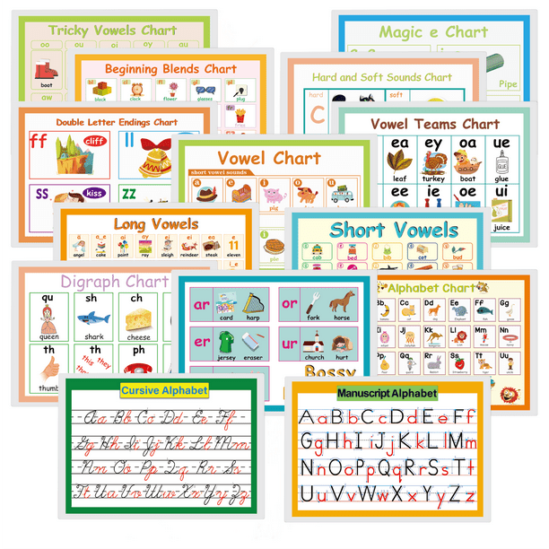 14Pcs A4 Language Arts English Poster |Alphabet Vowels Phonics Posters ...