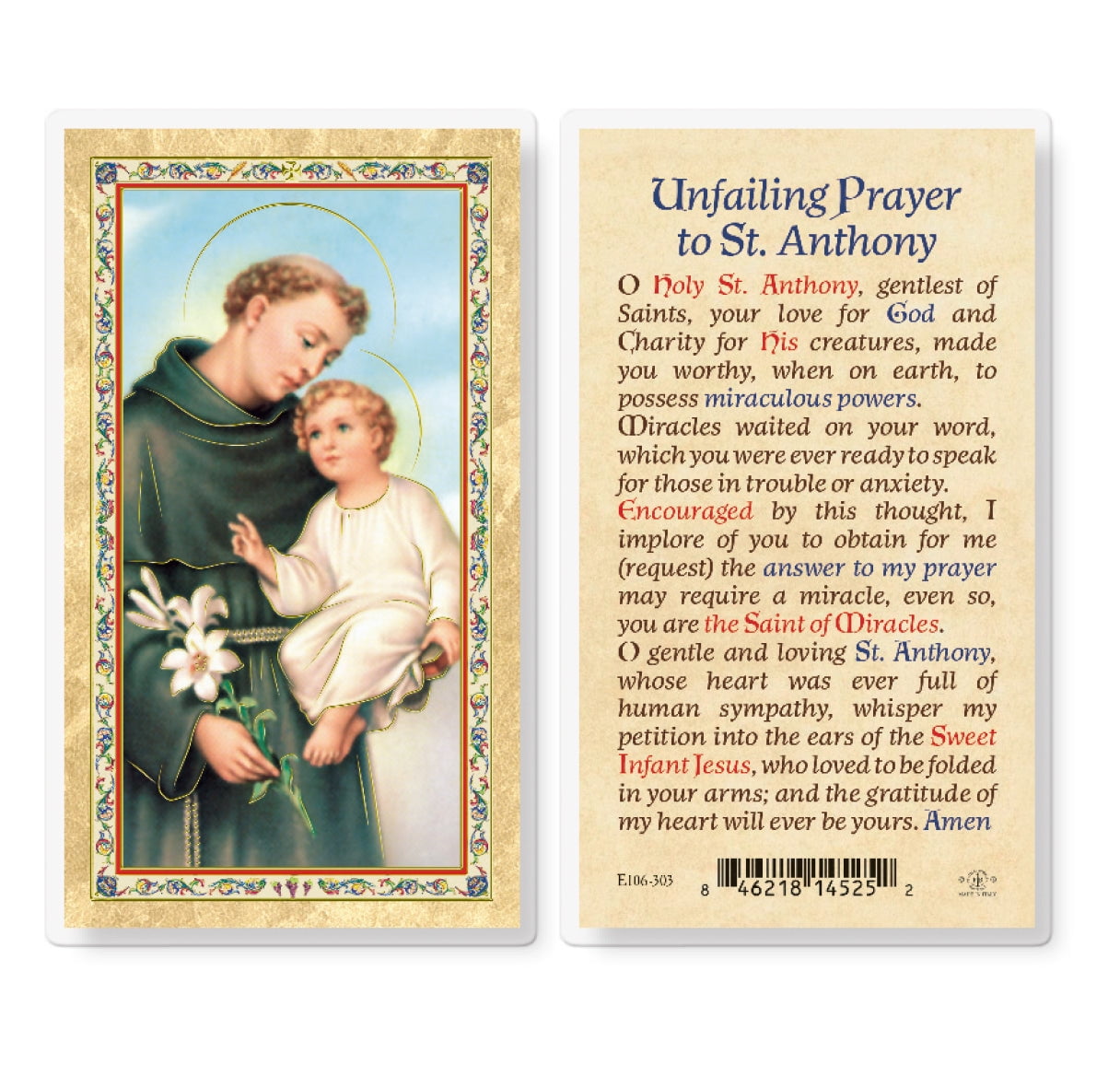 St. Anthony - Unfailing Prayer Gold-Stamped Laminated Catholic Prayer ...