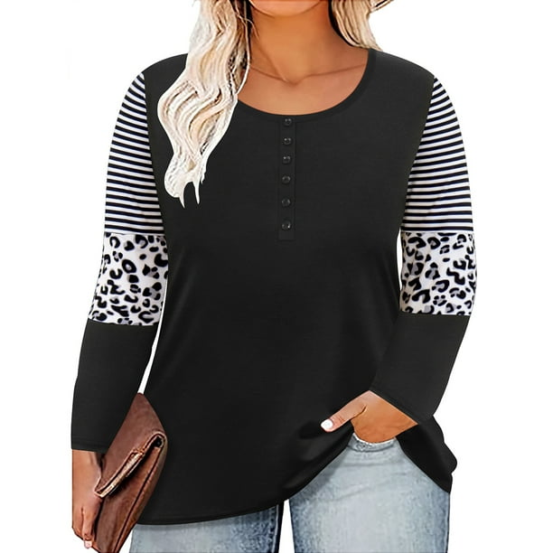Tiyomi Plus Size Black Tops For Women Long Sleeve Striped Color Block T