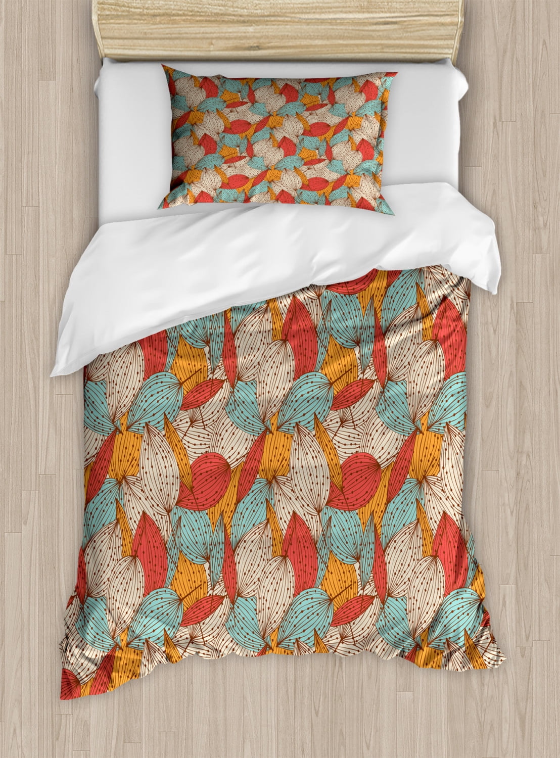 Autumn Duvet Cover Set Twin Size, Doodle Art Style Mix of Leaf Motifs ...