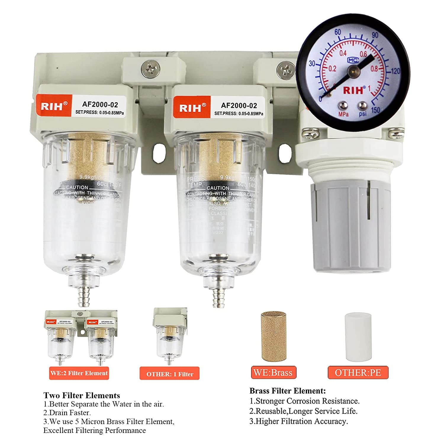Buy RIH Pneumatics 1/4 NPT Compressed Air Double Filter & Regulator ...