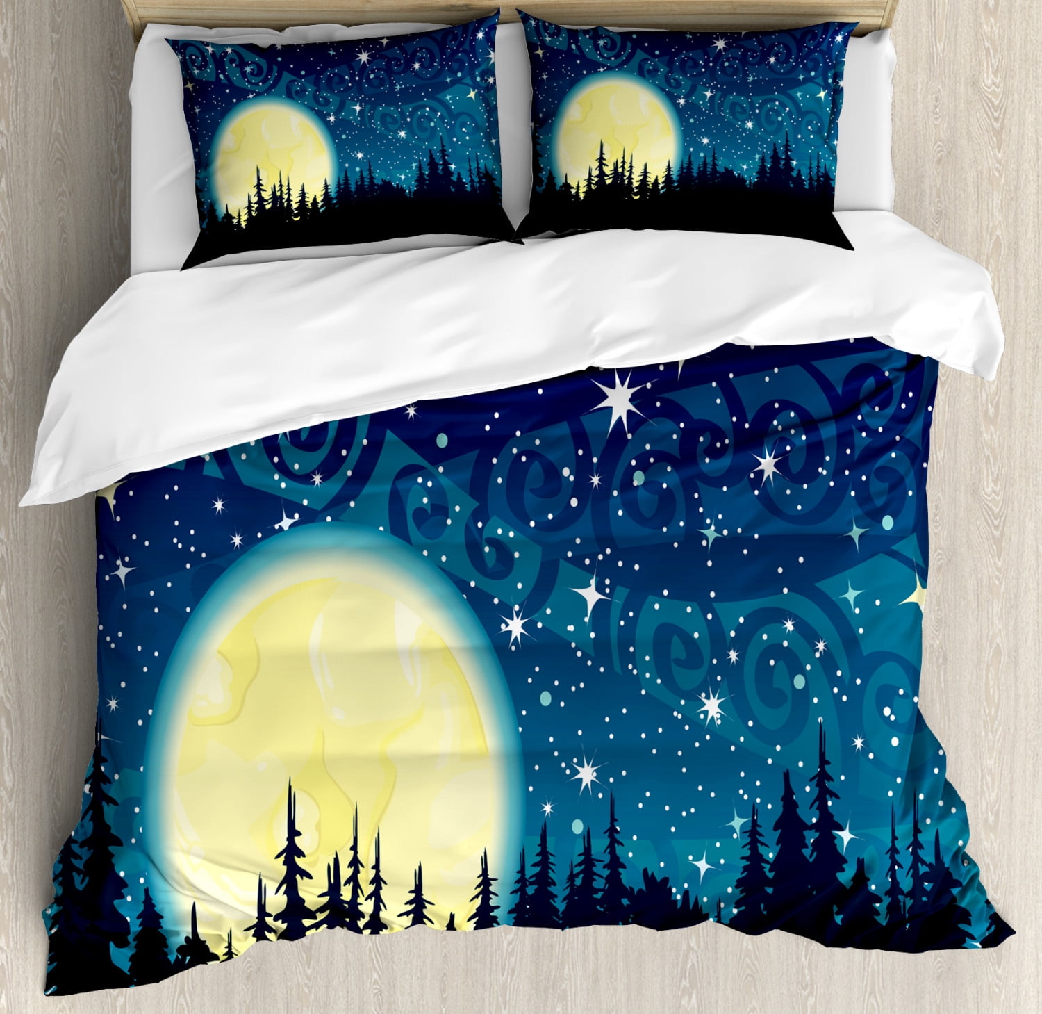 Starry Night Queen Size Duvet Cover Set, Full Moon over the Forest Sky ...