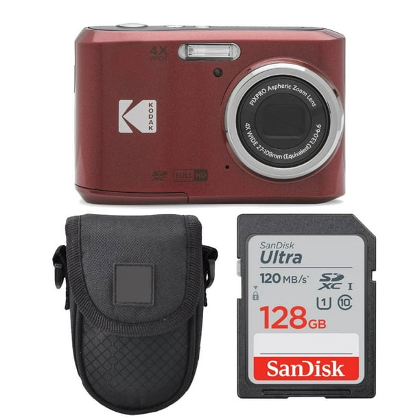 Kodak PIXPRO FZ45 Digital Camera (Red) + Point & Shoot Camera Case + Sandisk 128GB SDXC Memory ...