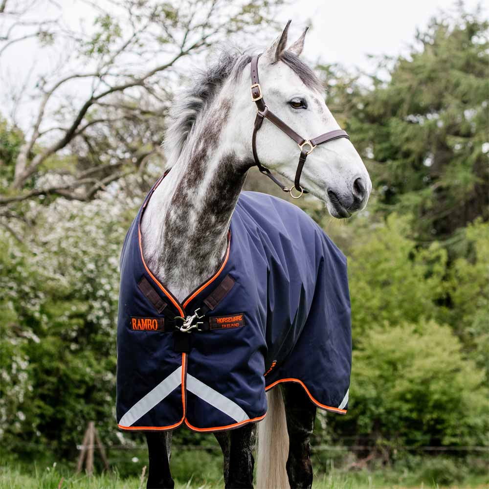 Rambo Original Turnout Blanket With Leg Arches (100g Medium-Lite), Navy (Orange/Tan/Brown Trim ...