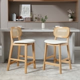 Guyou Rattan Counter Height Bar Stools Set of 4, Wooden Farmhouse Bar Stools, Linen Upholstered ...