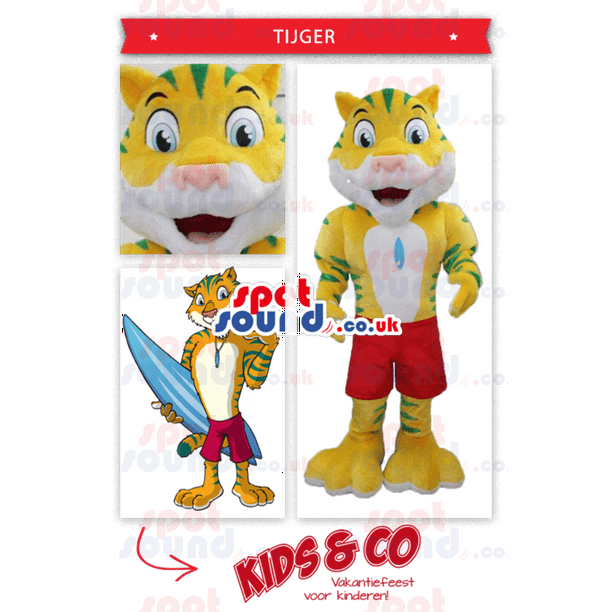 Yellow And Blue Tiger SPOTSOUND Mascot With A Surfer'S Look - Animal ...