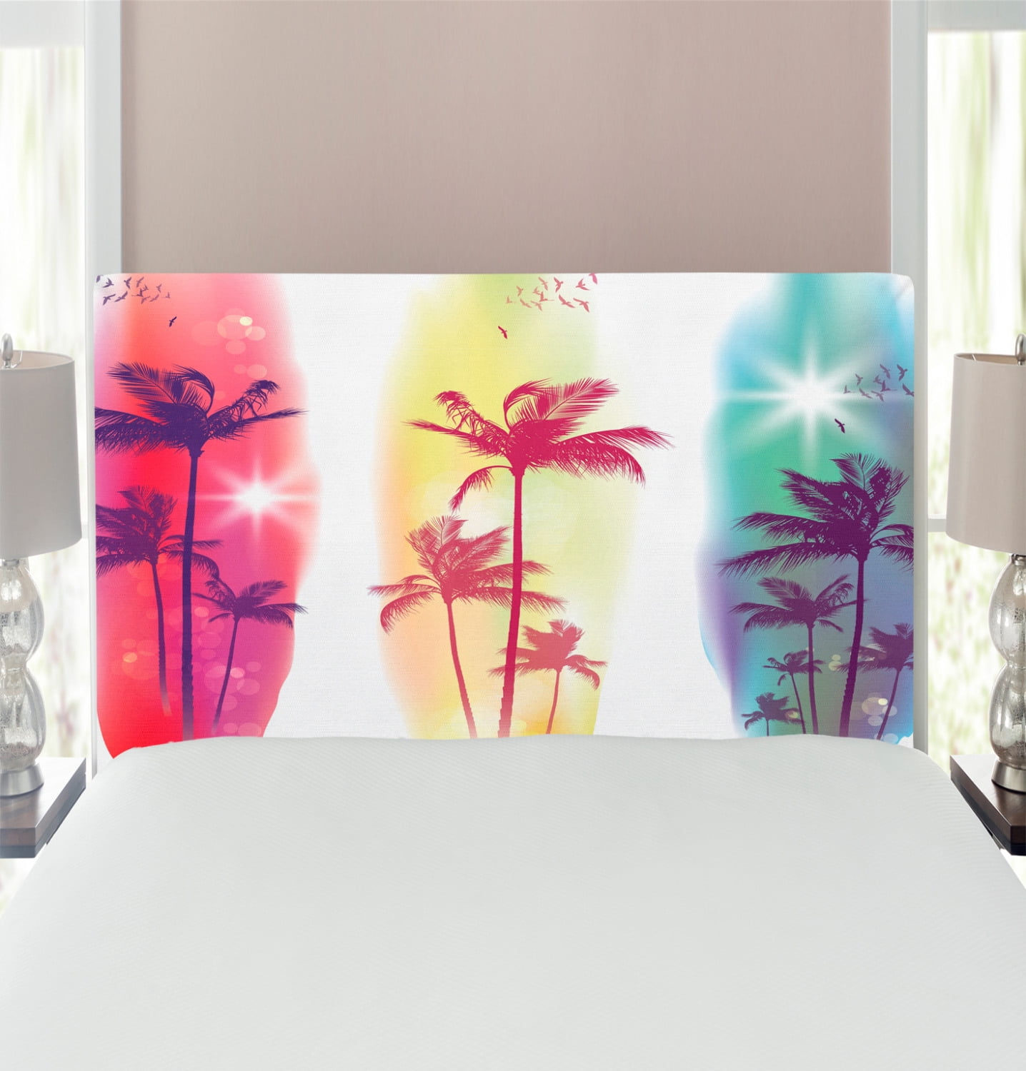 Tropical Headboard, Palm Trees Birds Seagulls Pattern Silhouette ...