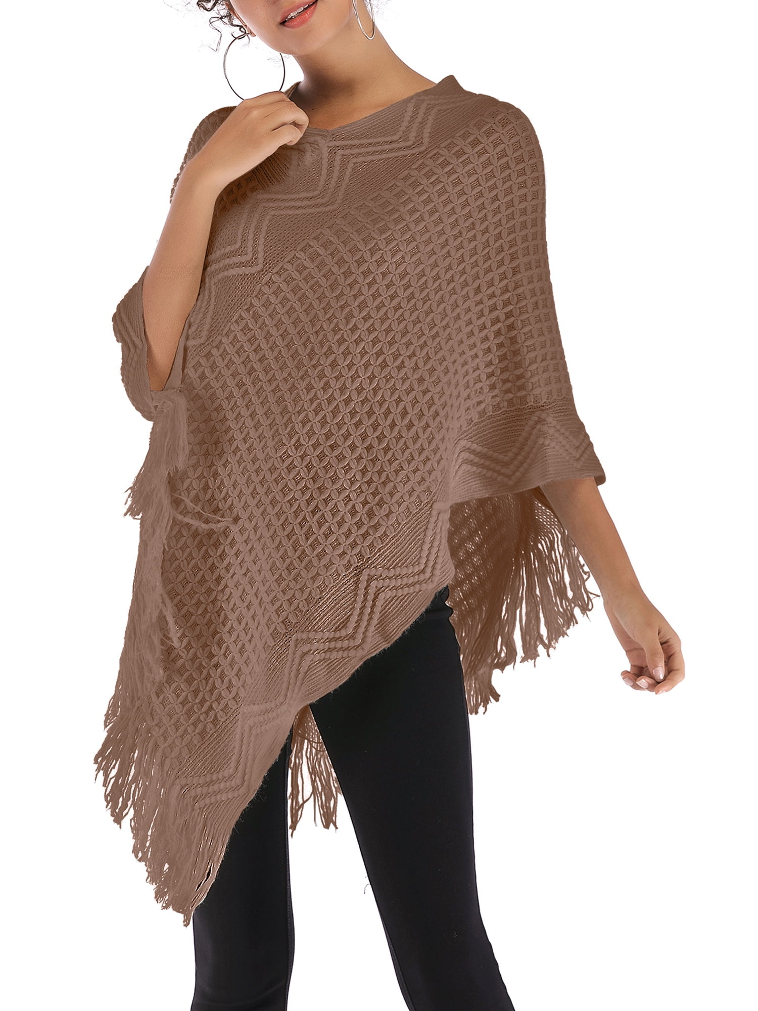 LELINTA Ponchos for Women Knitted Long Sleeve Tassel Sweater Poncho ...