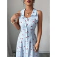Blue Sleeveless Plaid Printed Dress With Double Collar, Cherry Print ...