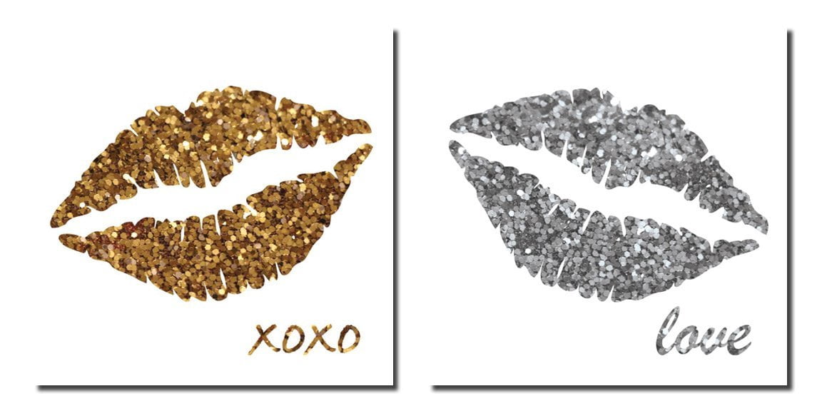 Fun, Popular Glitter Kiss; Gold and Silver Lips with XOXO and Love; Two ...