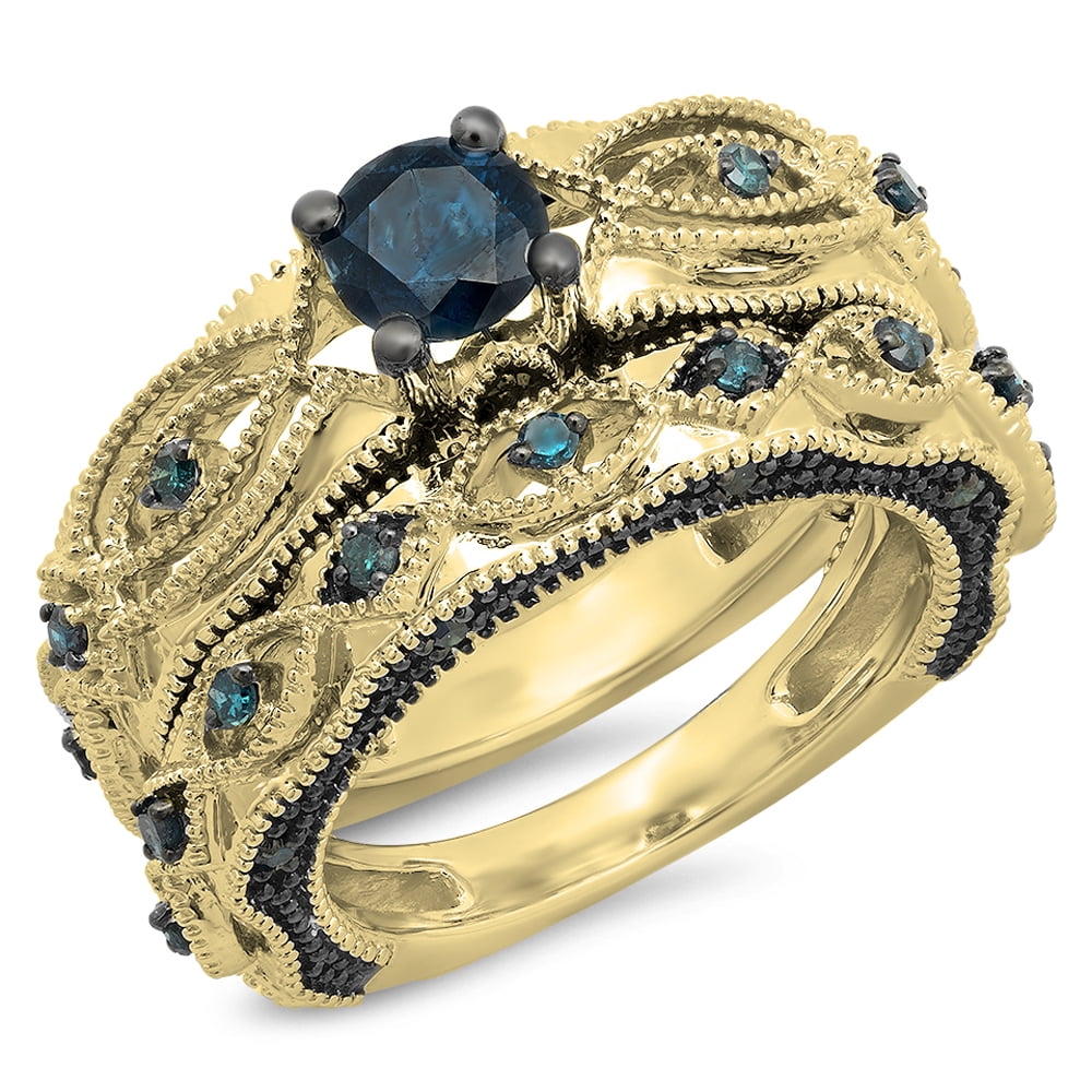 1.05 Carat (ctw) 10K Yellow Gold Round Cut Blue Diamond Ladies Bridal ...