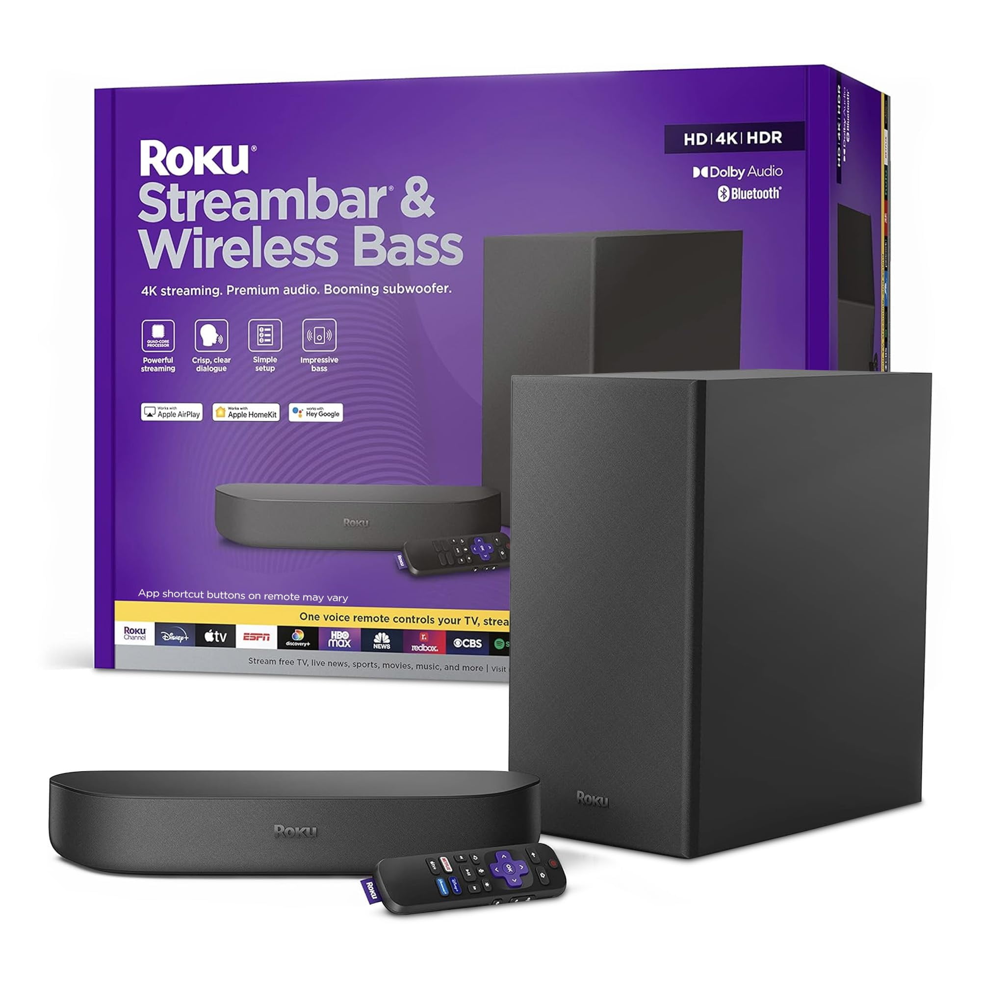 Roku Streambar & Wireless Bass Premium 4K HDR Soundbar with Subwoofer ...