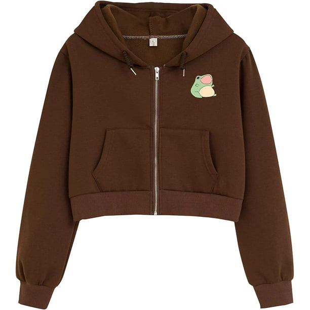 Kiekiecoo Cute Frog Crop Zip Up Hoodie Girls Kawaii Cottage Core