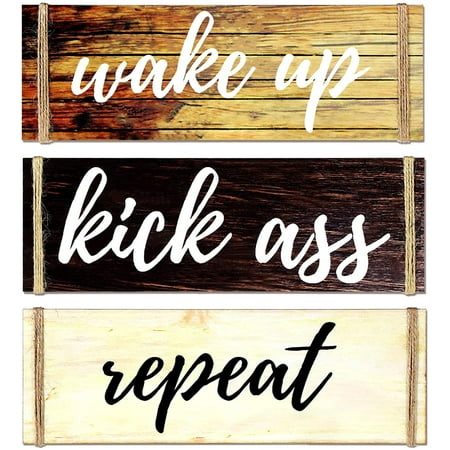 HEIBINWake Up Kick Ass Repeat Rustic Wooden Sign Inspirational ...