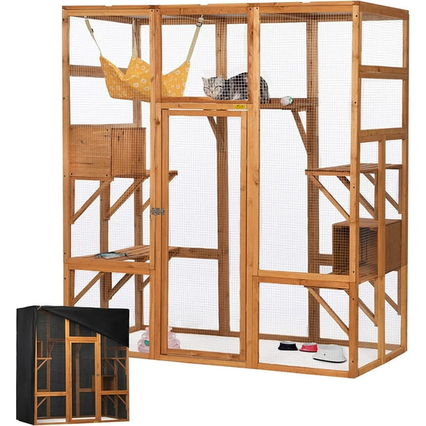 Coziwow Large Wooden Cat Enclosure, Outdoor Cat Cage With Weatherproof ...