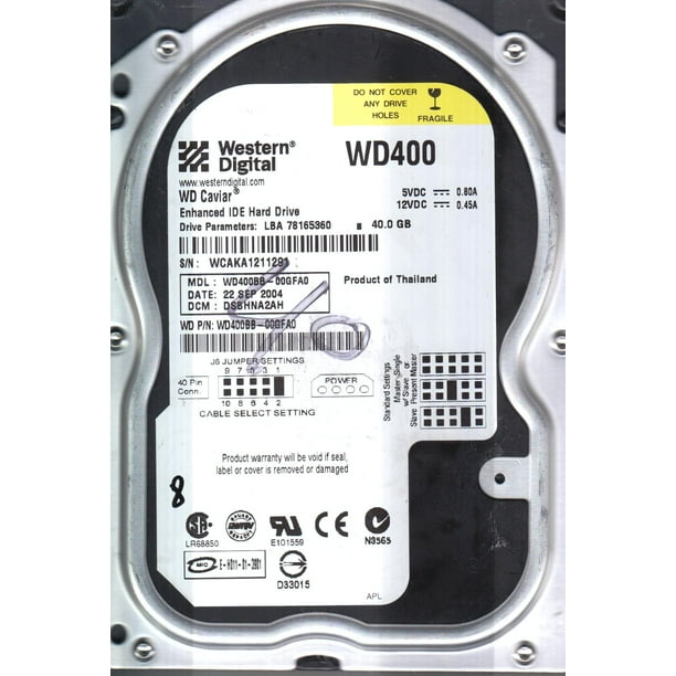 WD400BB-00GFA0, DCM DSBHNA2AH, Western Digital 40GB IDE 3.5 Hard Drive ...