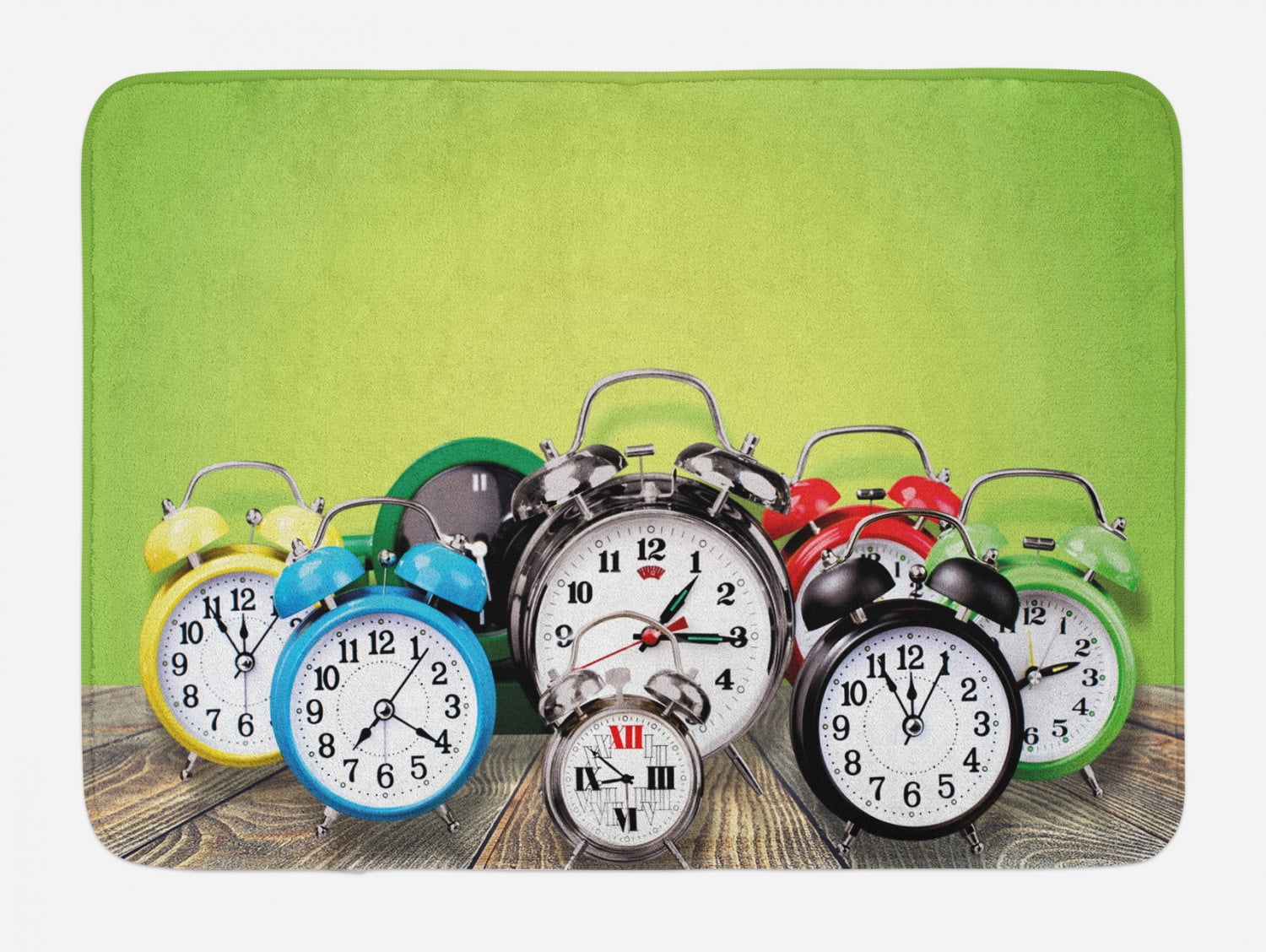 Clock Bath Mat, A Group of Alarm Clocks on the Wooden Ground Digital ...