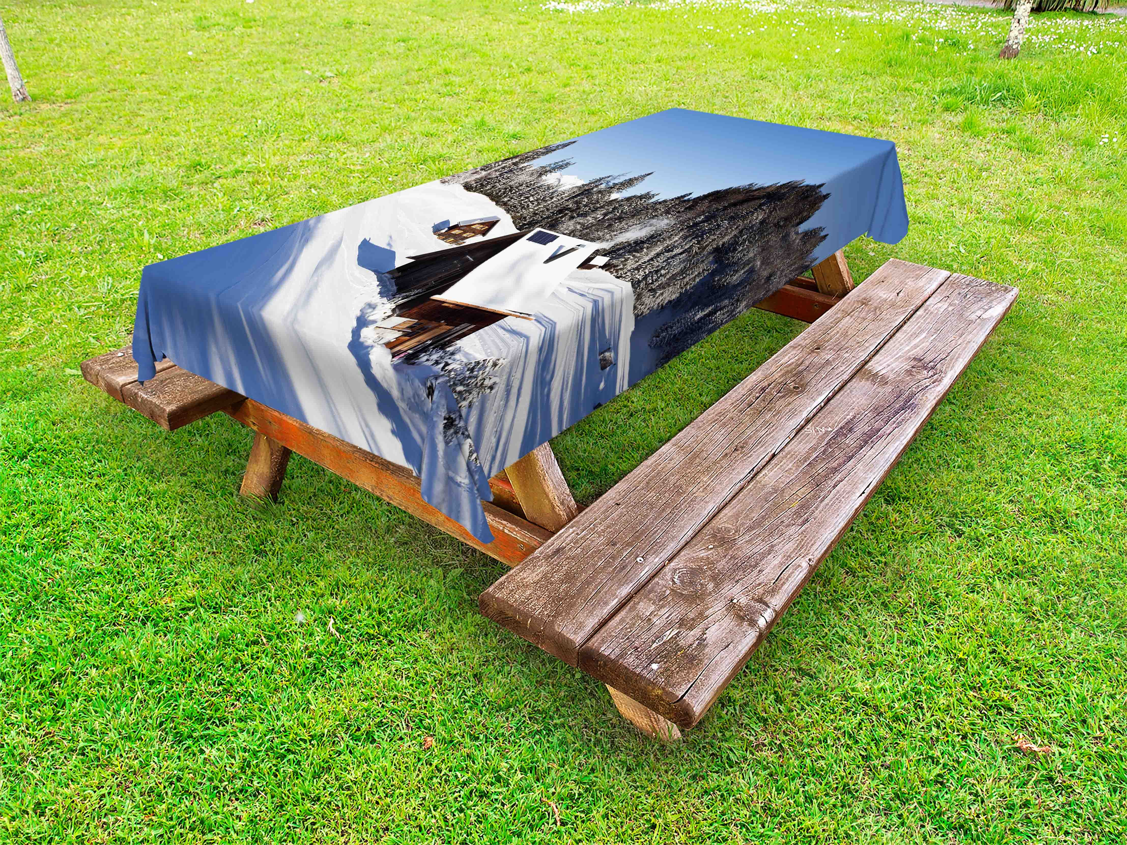 Winter Outdoor Tablecloth, Log Cabins in the Mountains Sunny Winter Day ...