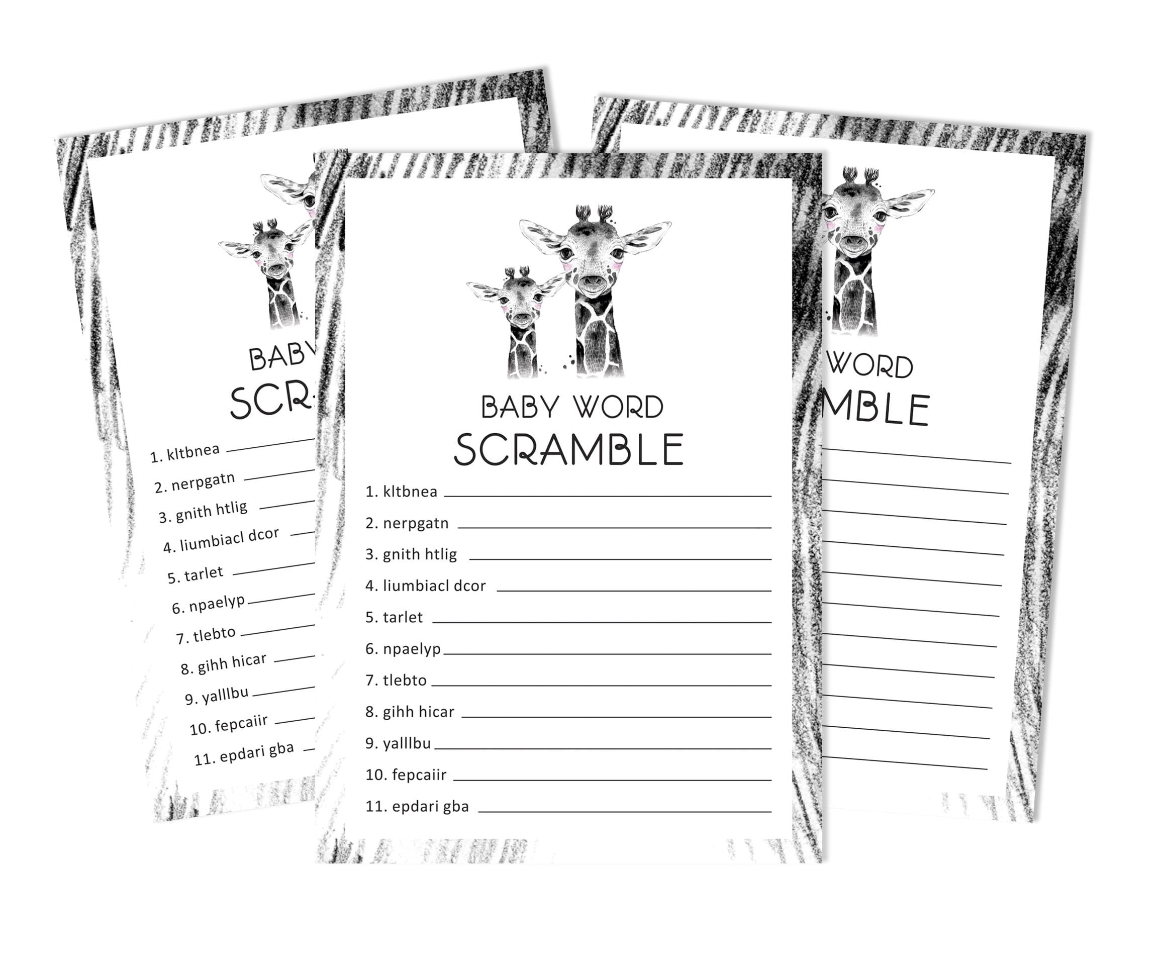 Inkdotpot 50 PackBaby WordScrambleBaby ShowerGame Cards Giraffe Jungle ...