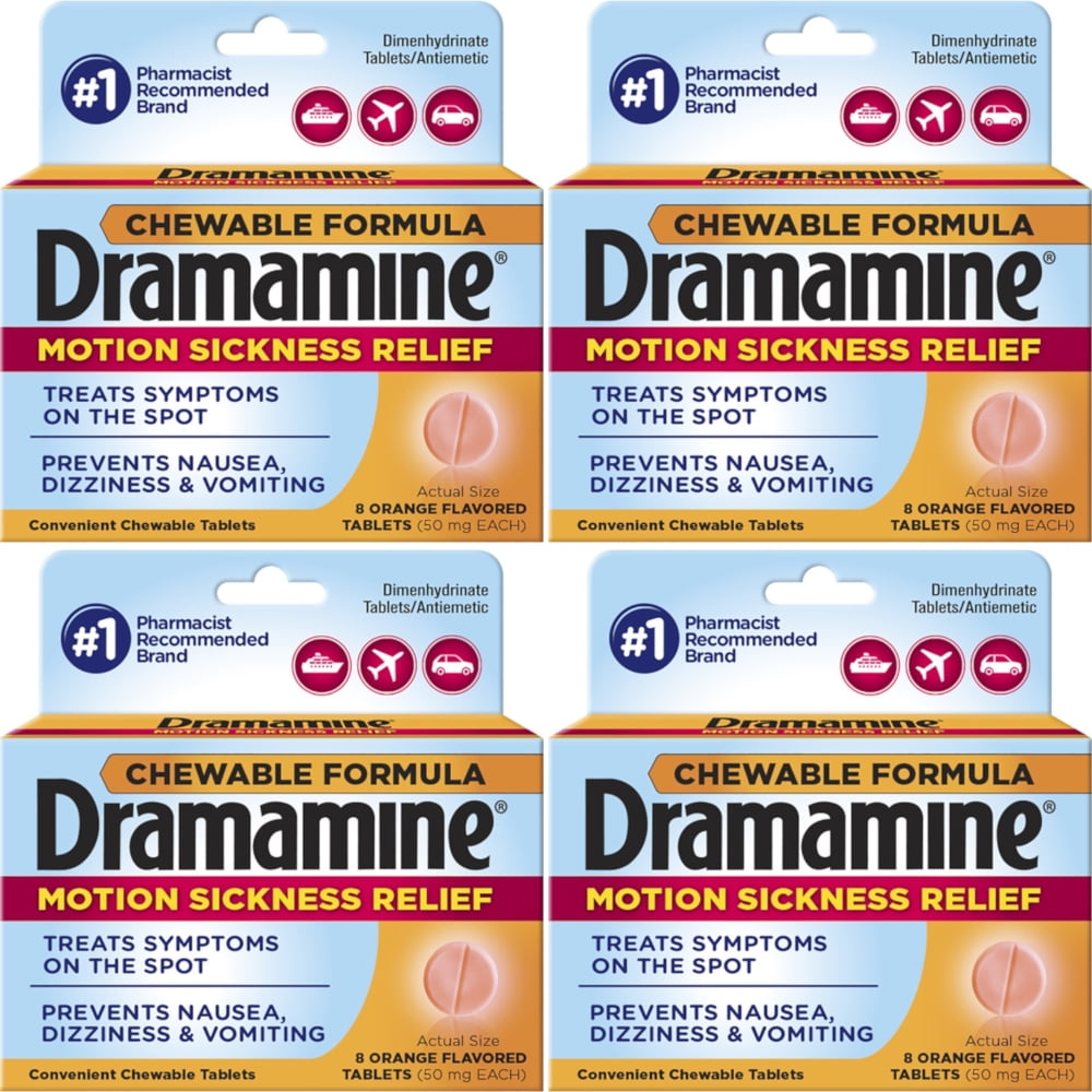 4 Pack Dramamine Motion Sickness Relief, Chewable Tablets Orange Flavor ...