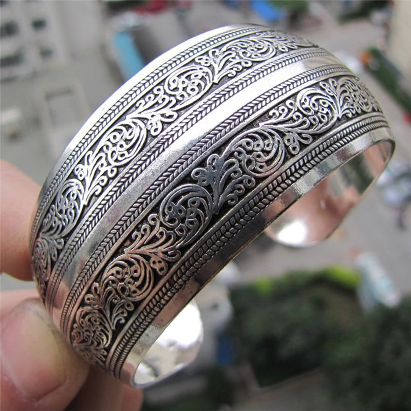 Tibetan Silver Plated Tibet Totem Bangle Jewelry Cuff Wide Bracelet ...