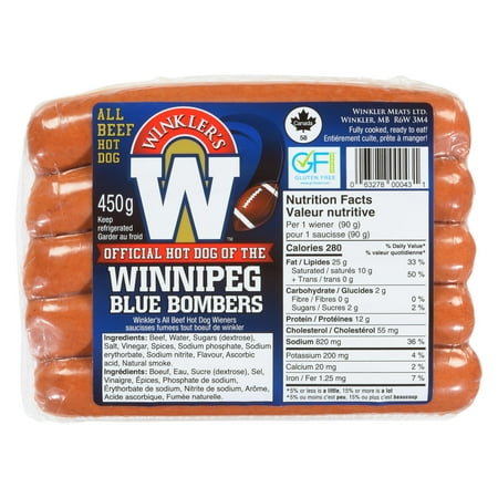 Winkler’s Winnipeg Blue Bombers All Beef Hot Dogs, 5 x 91 g wieners ...