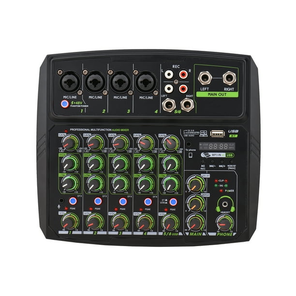Muslady Mezclador de audio de 6 canales Consola de mezcla Pantalla LED Tarjeta de sonido ...