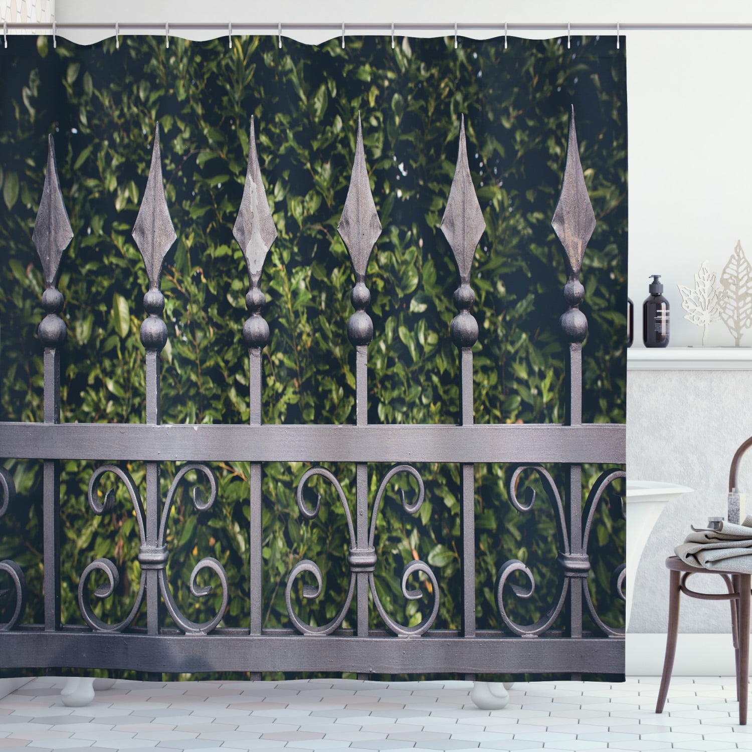 Fence Shower Curtain, Iron Gate with Leaves Garden Background of an ...
