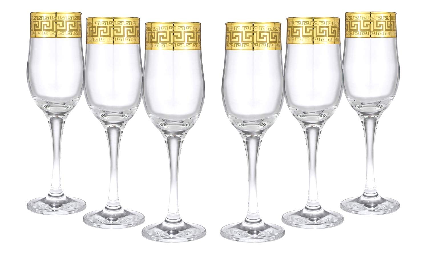 6-pieces Gold Rimmed Champagne Flutes Glassware Set - Greek Key Pattern ...