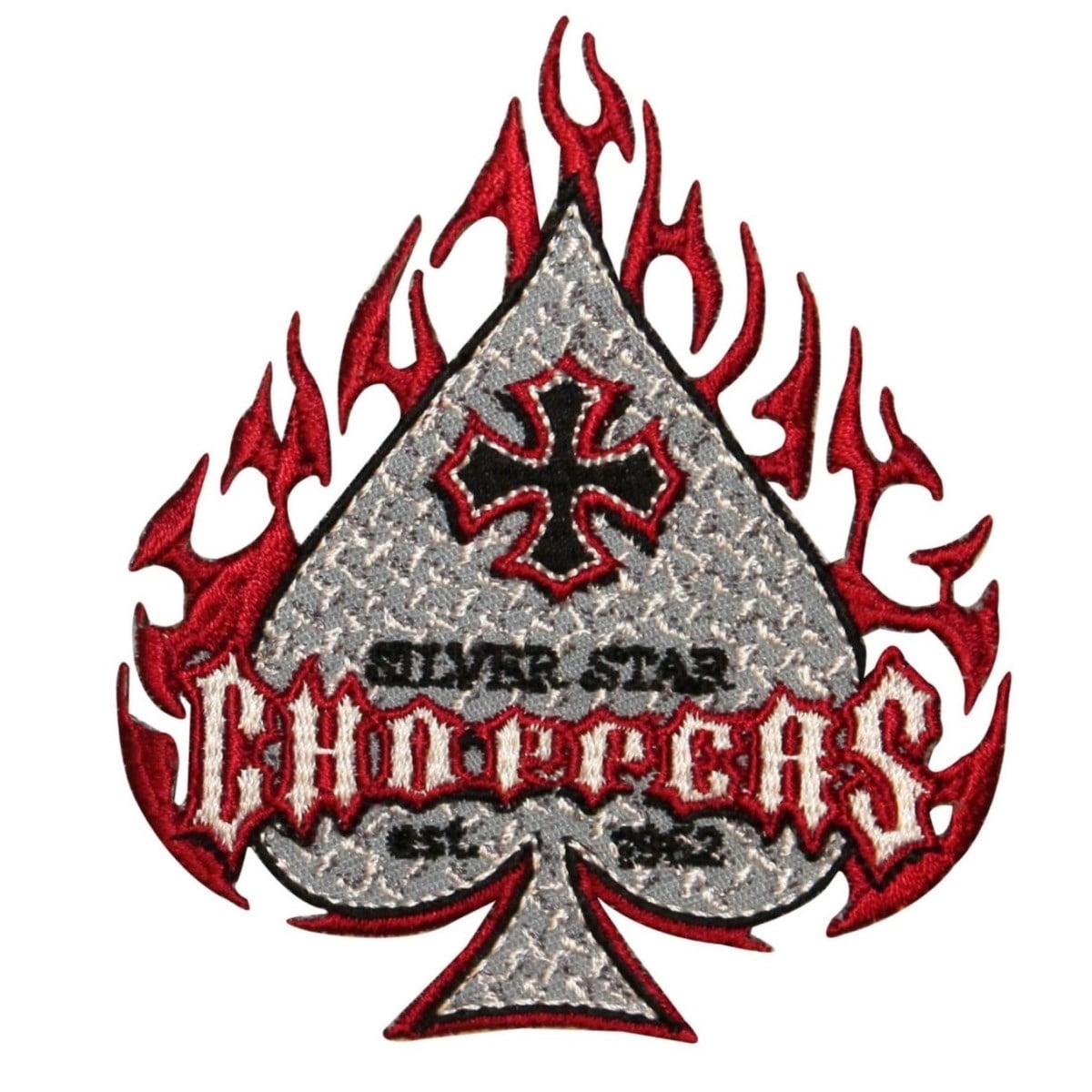 Silver Star Choppers Spade Flames Patch Biker Cross Embroidered Iron On ...