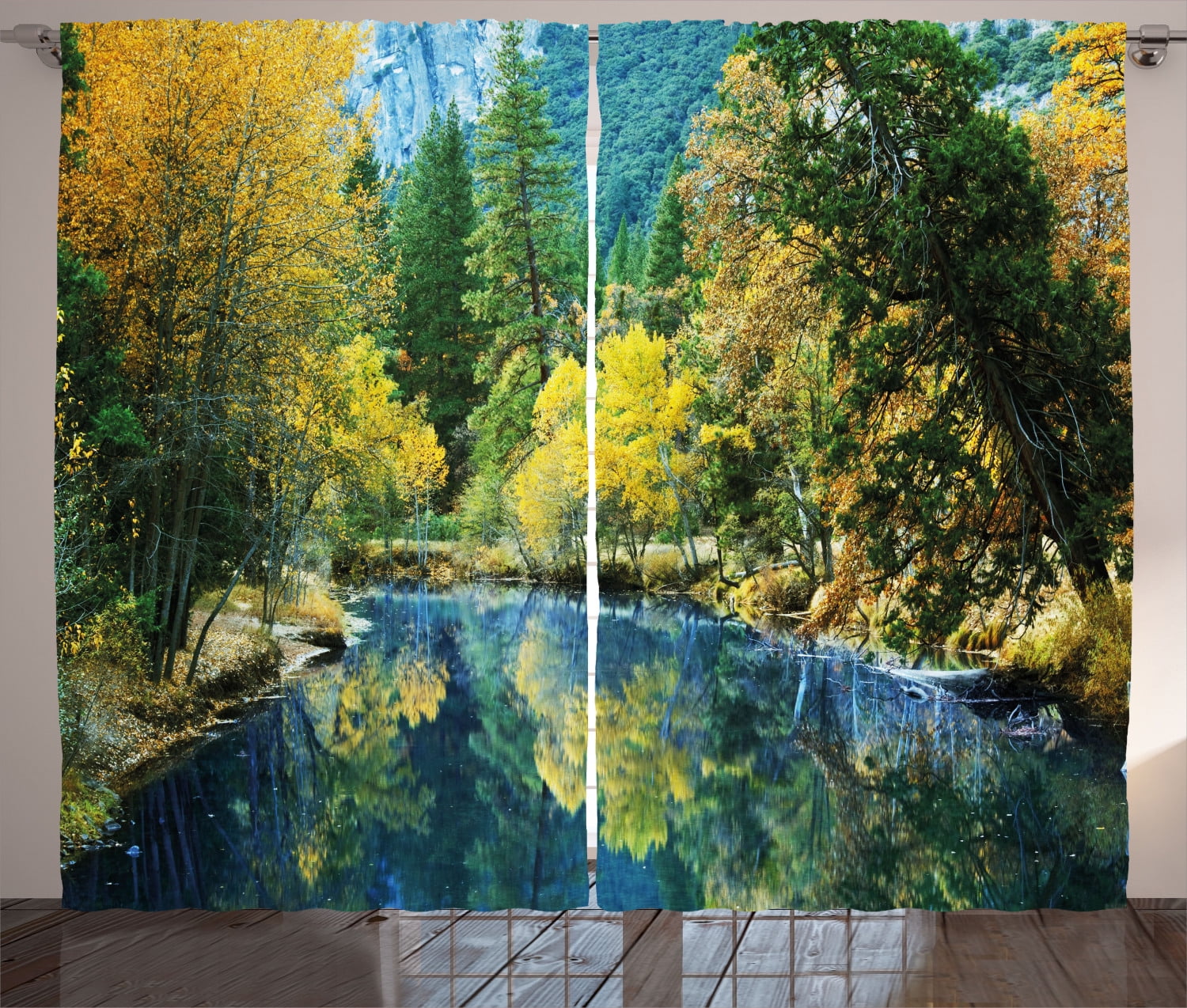 Nature Curtains 2 Panels Set, Autumn Landscape Scenery Forest by River ...