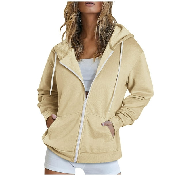 Full Zip-up Jackets with Pockets for Women Cotton Fleece Plain Hoodie ...