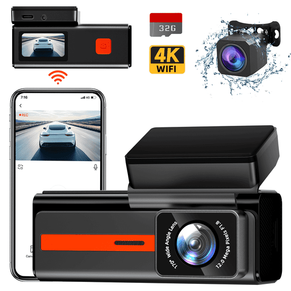 F9 Dash Cam 4K Front and Rear 1080P, WiFi GPS Camera with 32GB Card ...