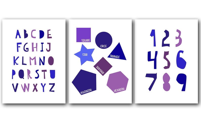 Alphabet Shapes Numbers, Educational Wall Art Decor, 18 x 24 Inches Set ...