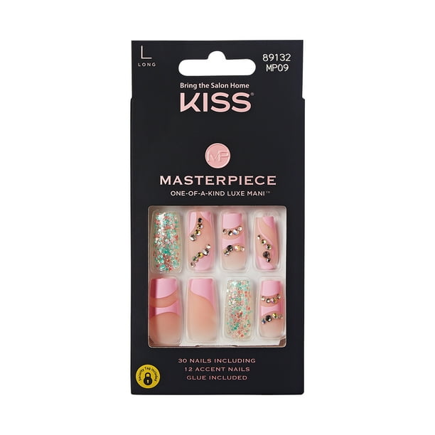 KISS Masterpiece Long Square Luxe Fake Nails, Glossy Medium Pink, 30 ...