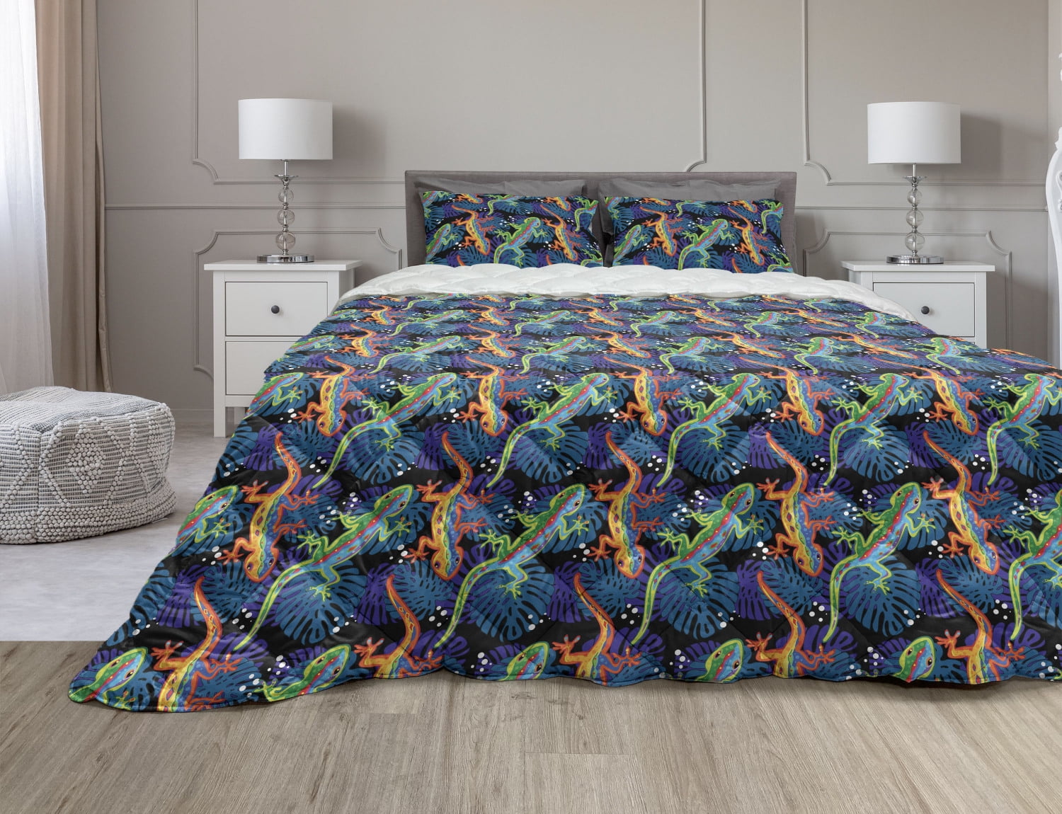 Gecko Comforter & Sham Bedding Set, Exotic Colorful Lizards on Monstera ...